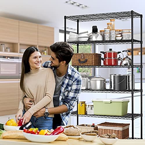 Hkeli Storage Metal Shelf Heavy Duty Wire Shelving Unit with Wheels 48inchx18inchx82inch Sturdy Steel Adjustable NSF 6 Tier Rack Standing Garage Shelves for Restaurant Garage Kitchen, Black