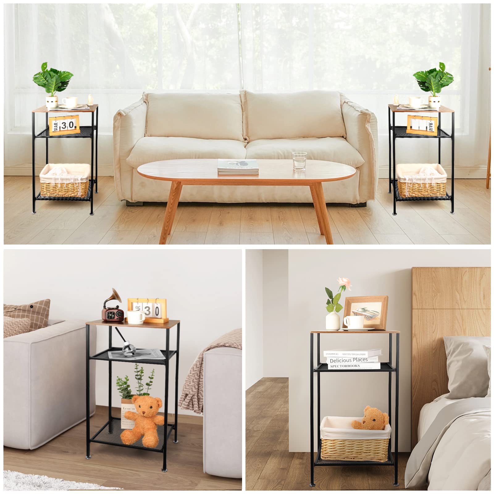 XASERDY 3-Tier Tall End Table,Slim Nightstands,Bedside Table with Storage Shelf,Sofa Side Tables for Small Space,for Living Room, Bedroom,Couch,Metal Frame