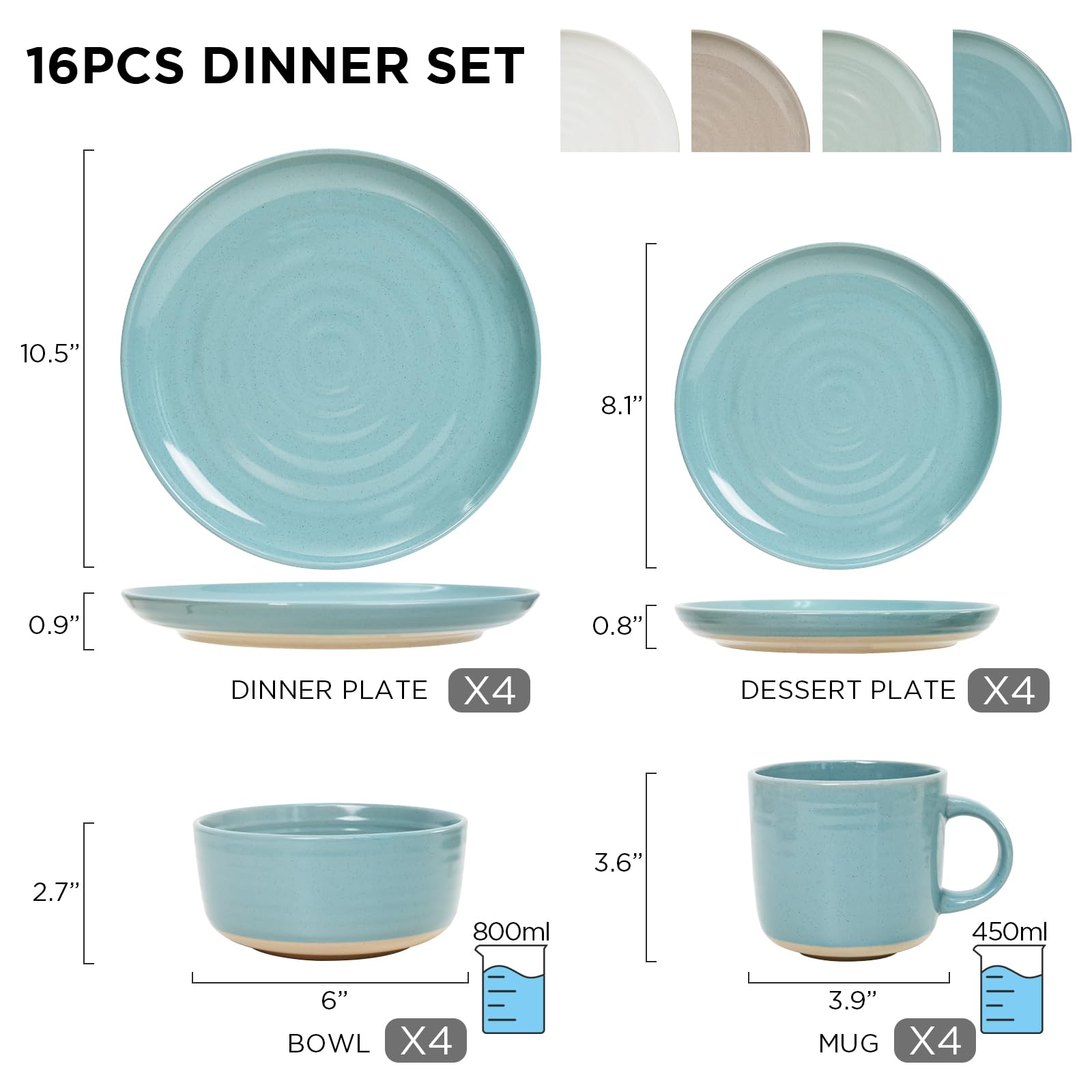Ollieroo 16 Pieces Stoneware Dinnerware Sets Dishwasher & Microwave Safe, Handpainted Spirals Pattern Ceramic Dish Set Includes Plates, Bowls and Handled Mugs, Kitchen Dinner Set for 4, Multicolor