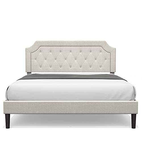 BONSOIR King Size Bed Frame Upholstered Low Profile Traditional Platform with Tufted and Nail HeadboardLinen Fabric Upholstery Color of Sand (Sand, King Size)