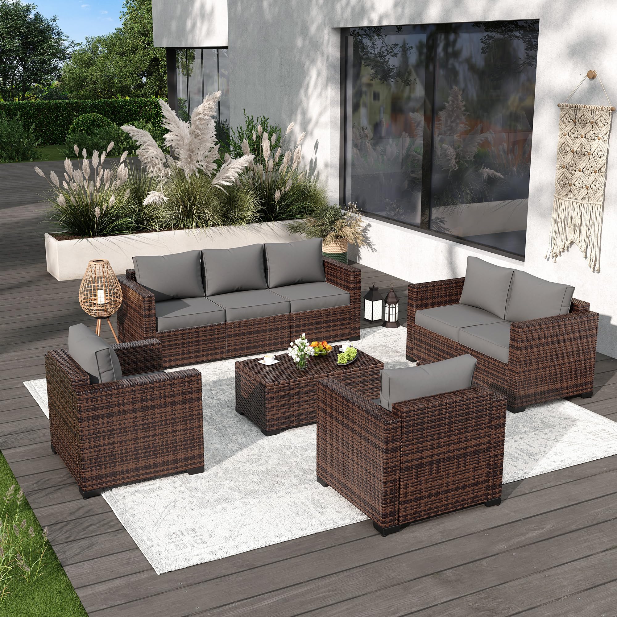Amopatio Outdoor Patio Furniture Sets, 8 Pieces Outdoor Wicker Patio-Furniture, Outdoor Sectional Patio Set with Storage Table, Patio Conversation Set for Proch Garden Deck (Grey)