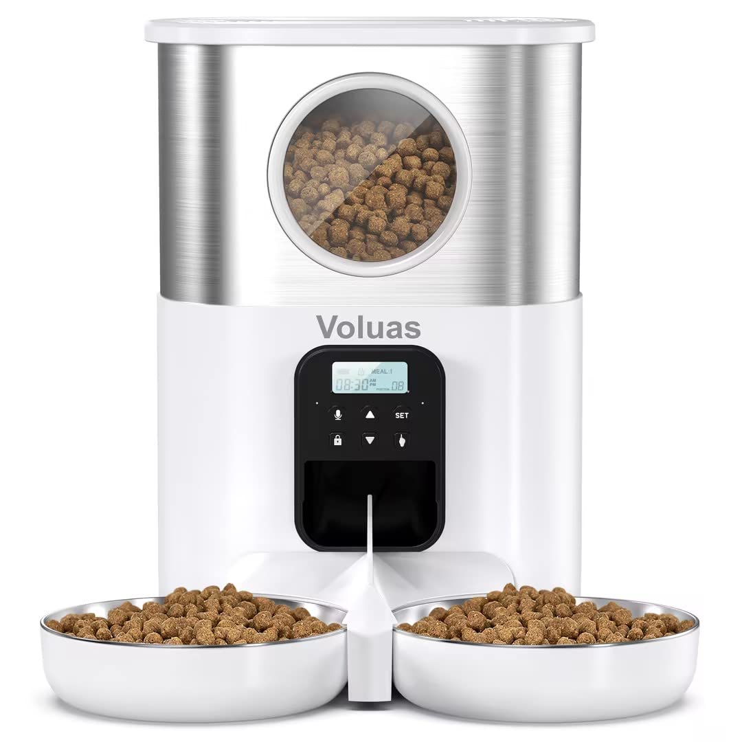 VOLUAS Automatic Cat Feeders for Two Cats, Pet Feeder for Cats and Dogs Timed Cat Feeder Pet Dry Food Dispenser, White