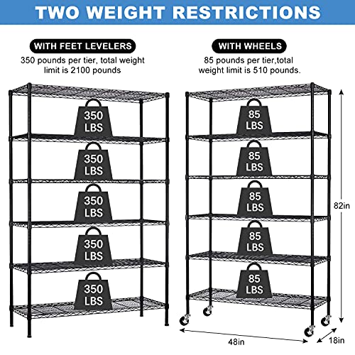 Hkeli Storage Metal Shelf Heavy Duty Wire Shelving Unit with Wheels 48inchx18inchx82inch Sturdy Steel Adjustable NSF 6 Tier Rack Standing Garage Shelves for Restaurant Garage Kitchen, Black