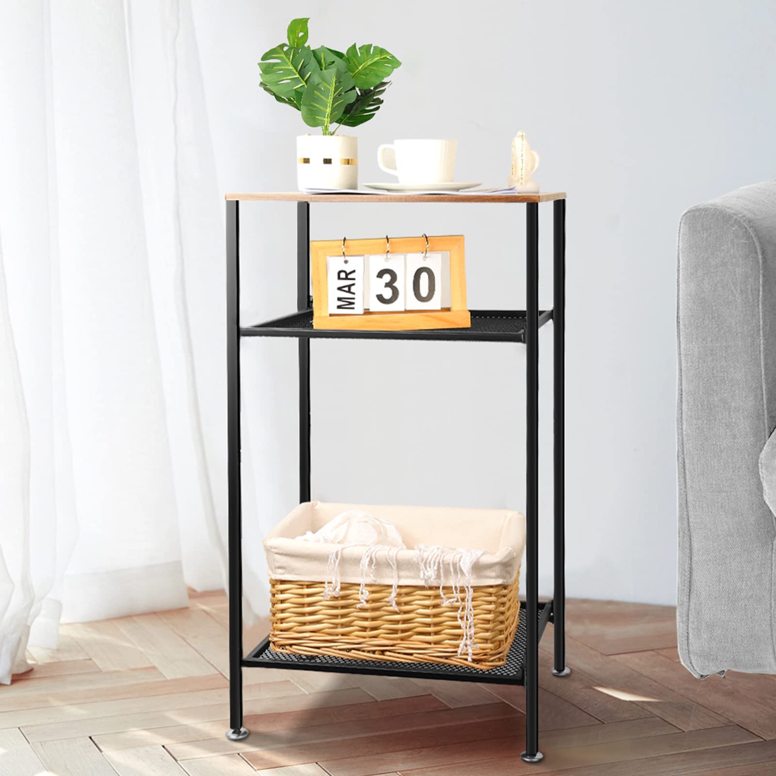 XASERDY 3-Tier Tall End Table,Slim Nightstands,Bedside Table with Storage Shelf,Sofa Side Tables for Small Space,for Living Room, Bedroom,Couch,Metal Frame