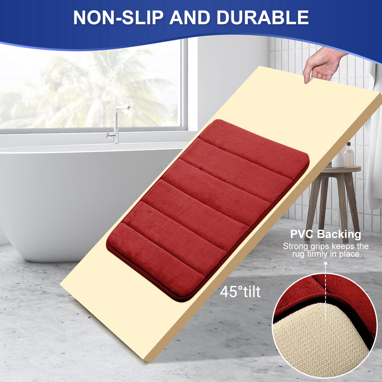 Memory Foam Bath Mat Set Bathroom Mat Set Ultra Soft 3 Piece Bathroom Rug Non Slip and Highly Absorbent Bathroom Floor Mat Machine Washable Toilet Mat（Burgundy, 17” X 24”+20” X 24”+20” X 32”)