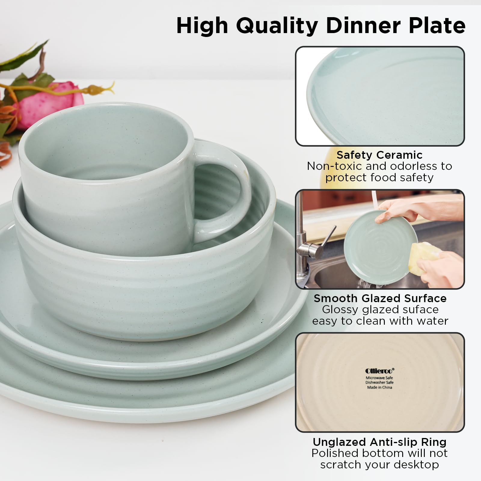 Ollieroo 16 Pieces Stoneware Dinnerware Sets Dishwasher & Microwave Safe, Handpainted Spirals Pattern Ceramic Dish Set Includes Plates, Bowls and Handled Mugs, Kitchen Dinner Set for 4, Multicolor