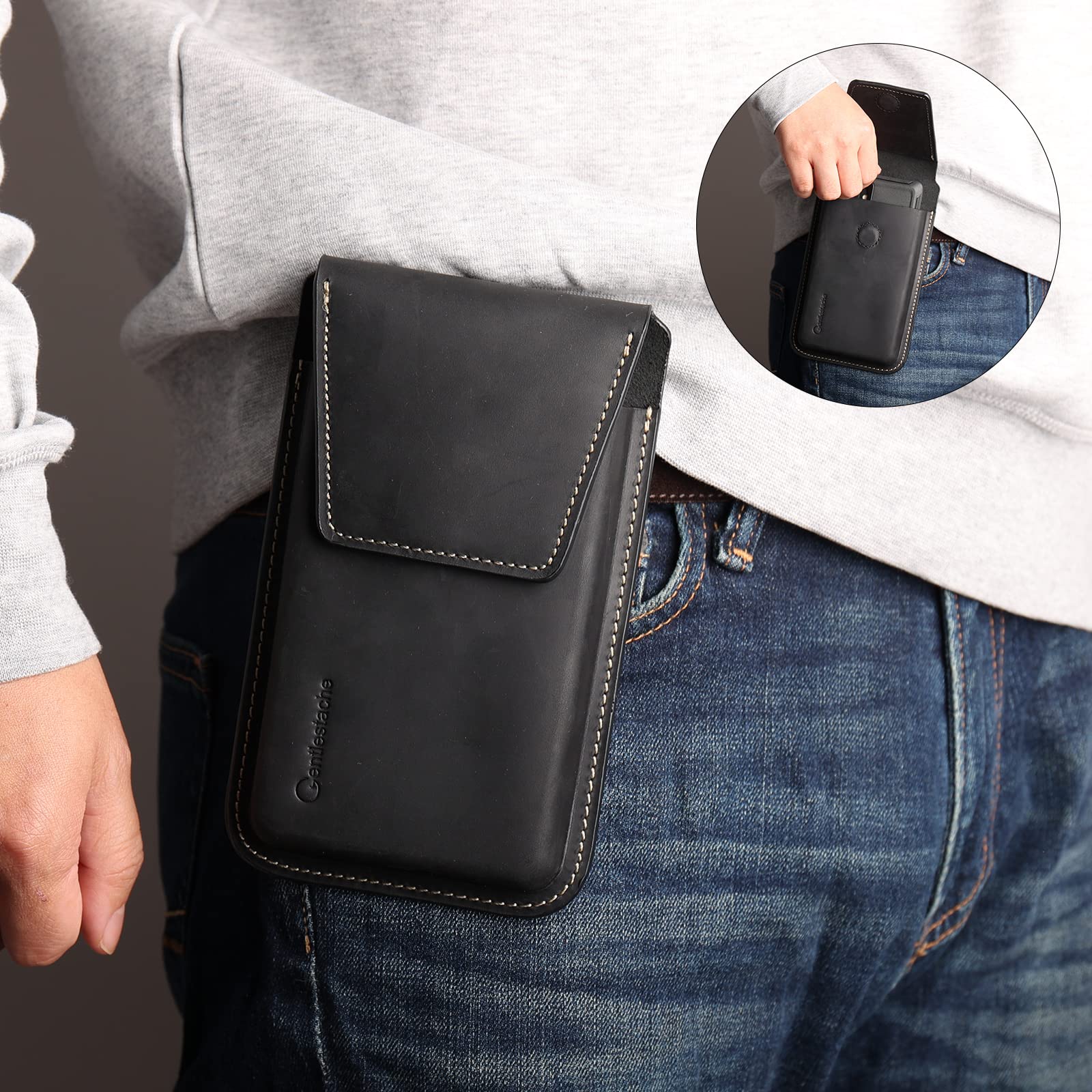 Gentlestache Leather Cell Phone Holster with Belt Clip, Flip Cell Phone Case for iPhone 14 13 Pro, Phone Belt Holder for S22 S21, Universal Cell Phone Pouch for Smartphone, Black