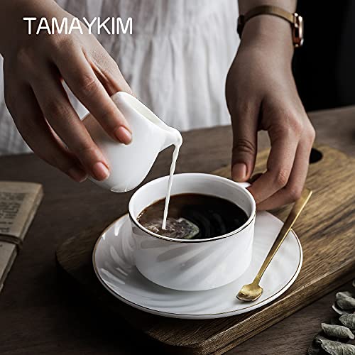 TAMAYKIM 3 oz Ceramic Cream Jugs, Mini Creamer Pitcher, White Porcelain Classic Creamers for Coffee, Tea, Milk, Jam, Sauces, 6 Pack