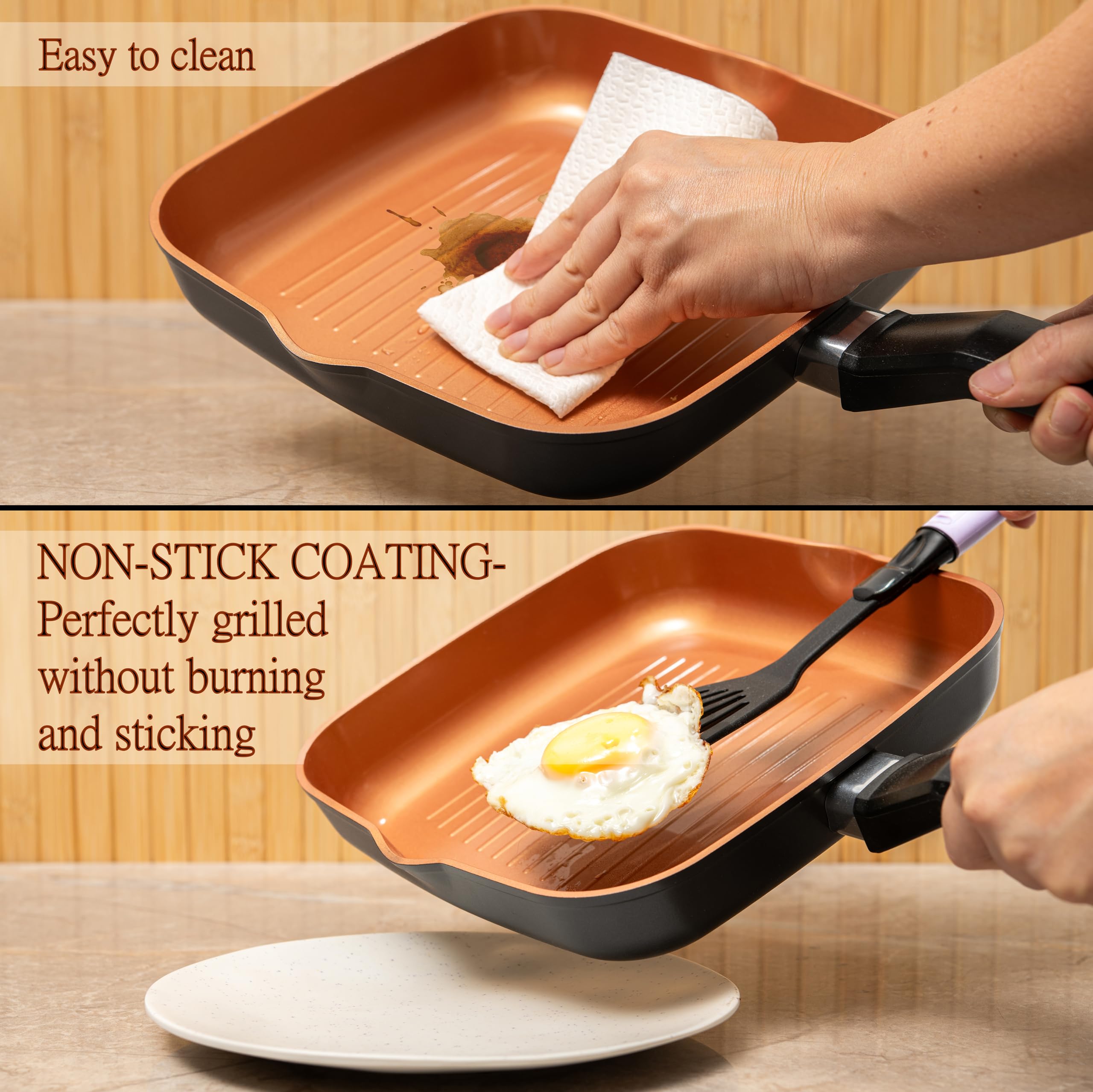 Moss & Stone Square Grill Pan For Indoor Cooking, 9.5In Frying Pan Copper Non-Stick Saute Fry Pan, Induction Copper Pan for Meats & Vegetables, Aluminum Griddle Nonstick Stove Top Grill Pan