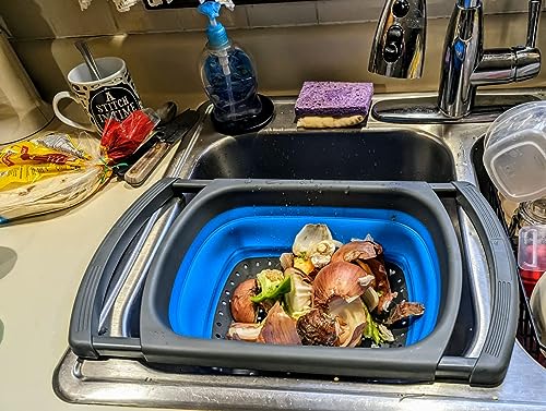 UPHTEH Over the Sink Collapsible Colander Kitchen Strainer Basket-Wash Vegetables and Fruits, Drain Cooked Pasta and Dry Dishes,6-Quart Capacity -Blue