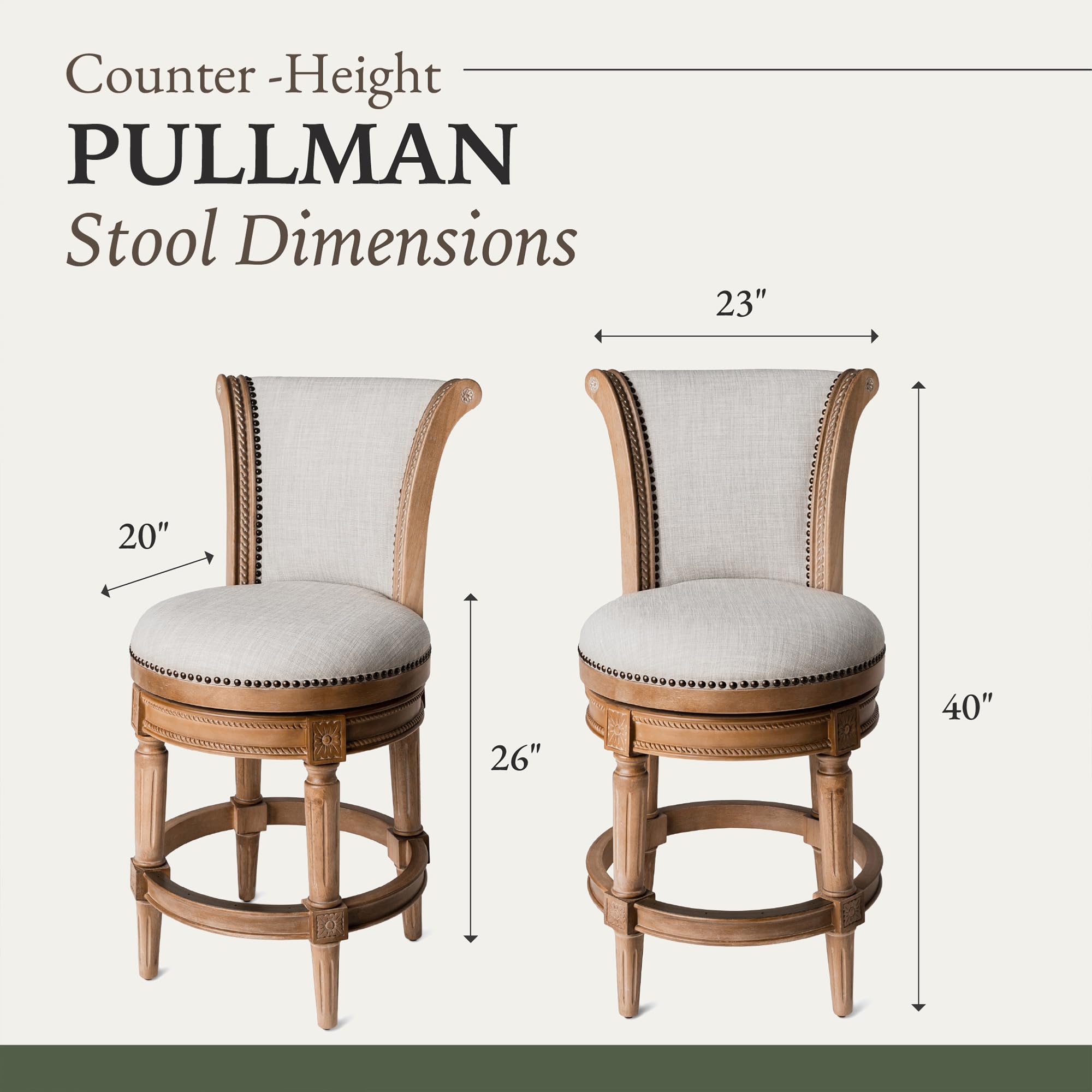 Maven Lane Pullman 26 Inch Tall Counter Height Upholstered Barstool with Back in Weathered Oak Finish with Sand Color Fabric Cushion Seat, Set of 4