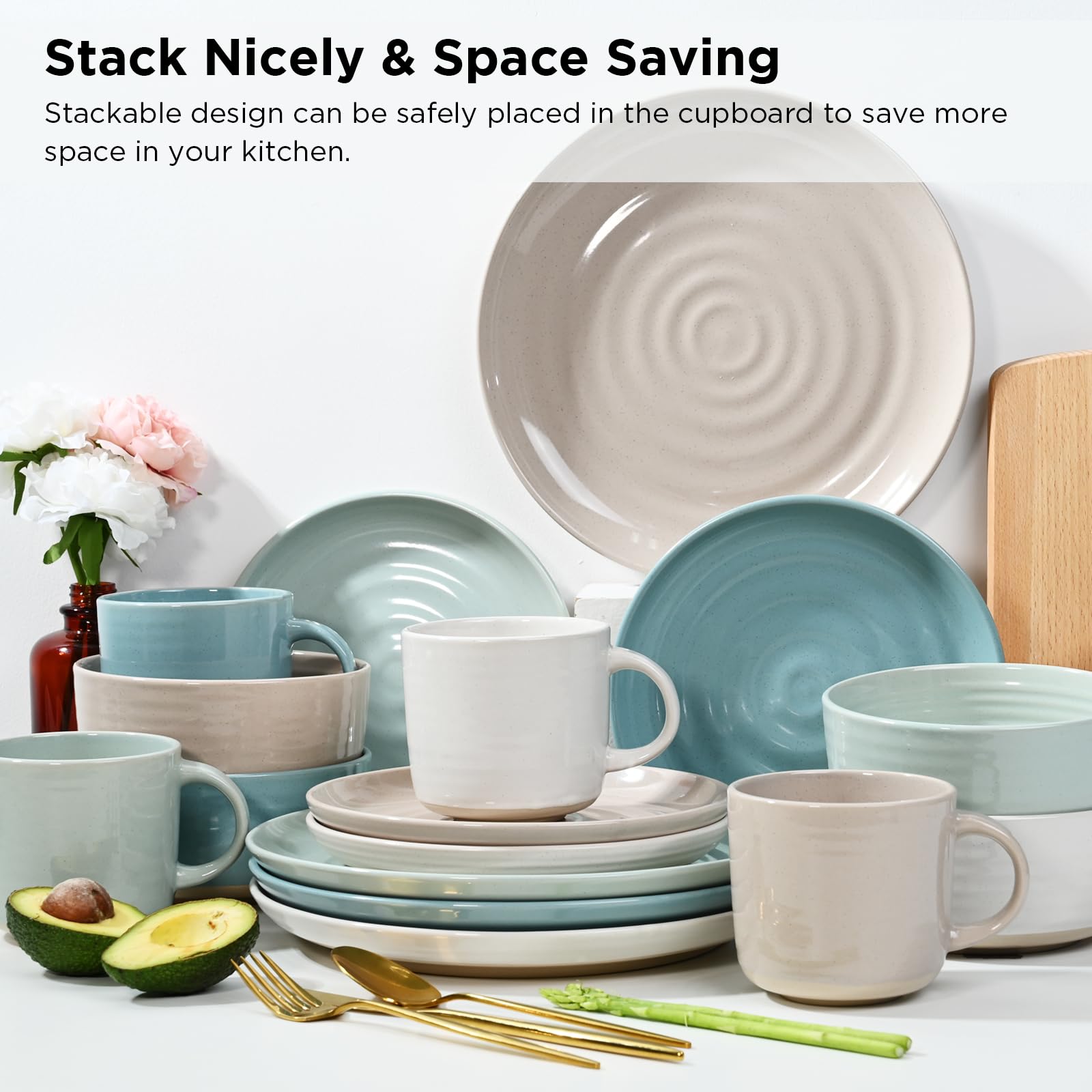 Ollieroo 16 Pieces Stoneware Dinnerware Sets Dishwasher & Microwave Safe, Handpainted Spirals Pattern Ceramic Dish Set Includes Plates, Bowls and Handled Mugs, Kitchen Dinner Set for 4, Multicolor