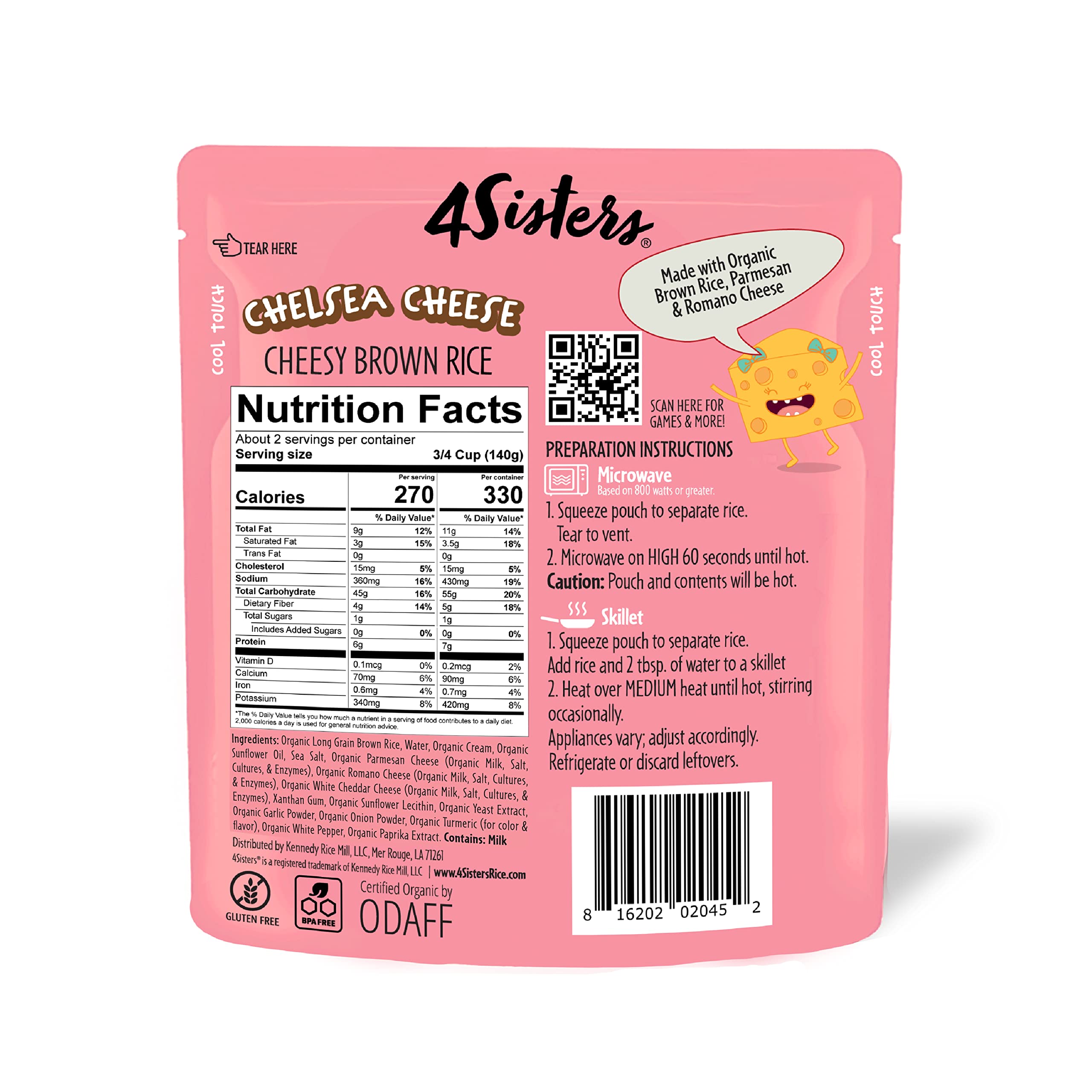 4Sisters - Organic Ready to Eat Rice - Chelsea Cheese - Kid Friendly Pouch - Sustainably Grown - Women Owned - 6 oz.