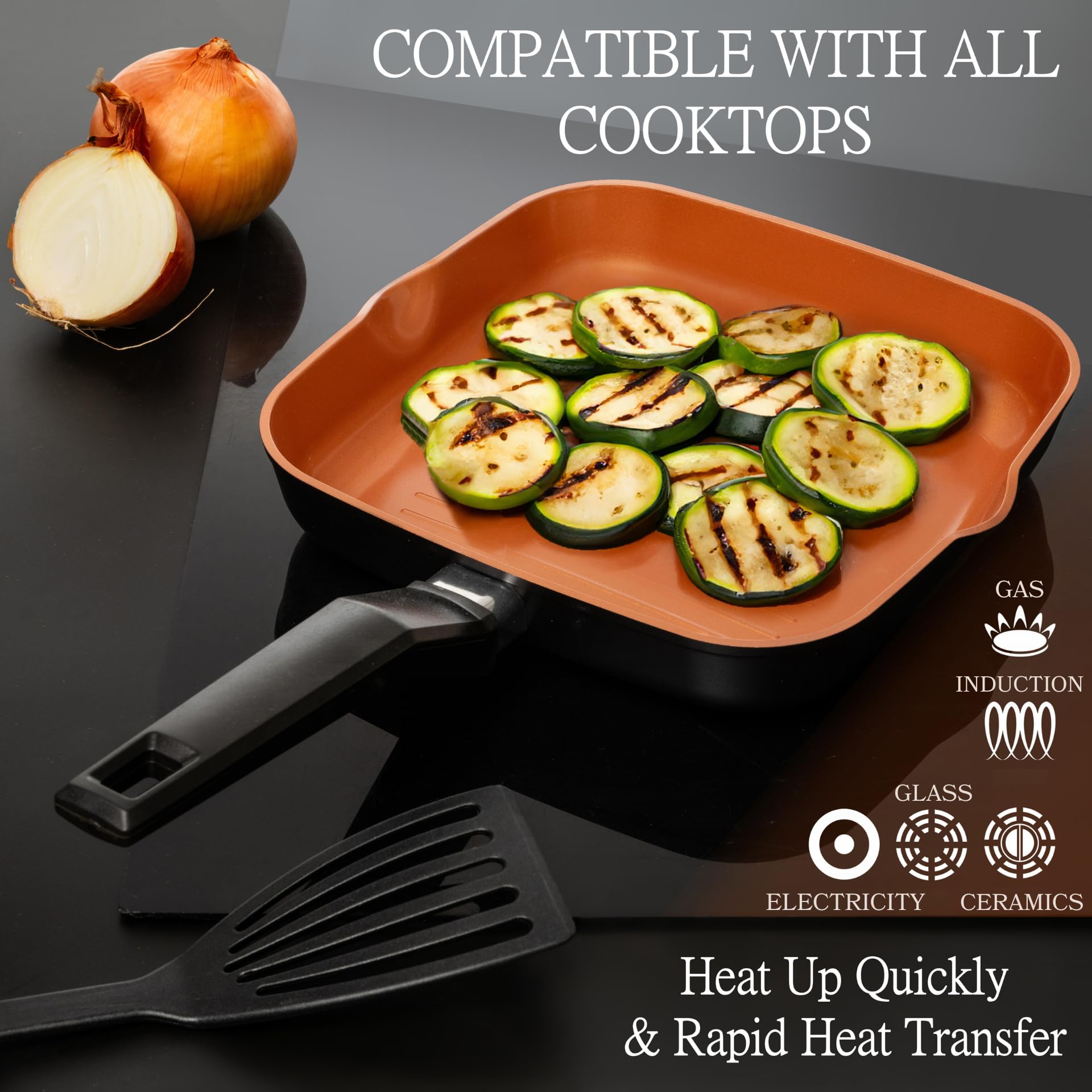 Moss & Stone Square Grill Pan For Indoor Cooking, 9.5In Frying Pan Copper Non-Stick Saute Fry Pan, Induction Copper Pan for Meats & Vegetables, Aluminum Griddle Nonstick Stove Top Grill Pan