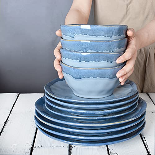 Bosmarlin Ceramic Soup Bowl Set of 4, 28 Oz, Cereal Bowl for Oatmeal, Dishwasher and Microwave Safe, Reactive Glaze (Blue, 6 inches)