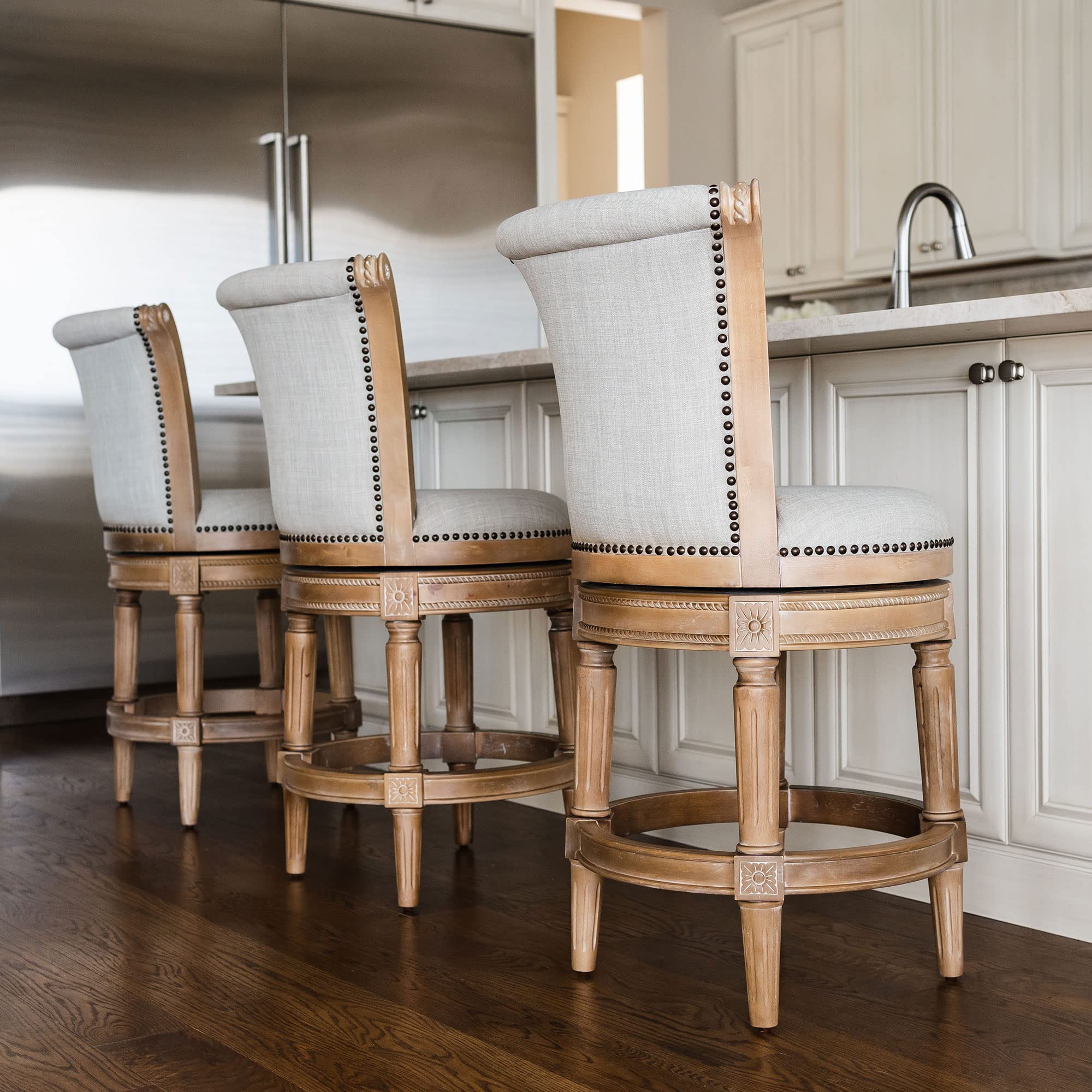Maven Lane Pullman 26 Inch Tall Counter Height Upholstered Barstool with Back in Weathered Oak Finish with Sand Color Fabric Cushion Seat, Set of 4