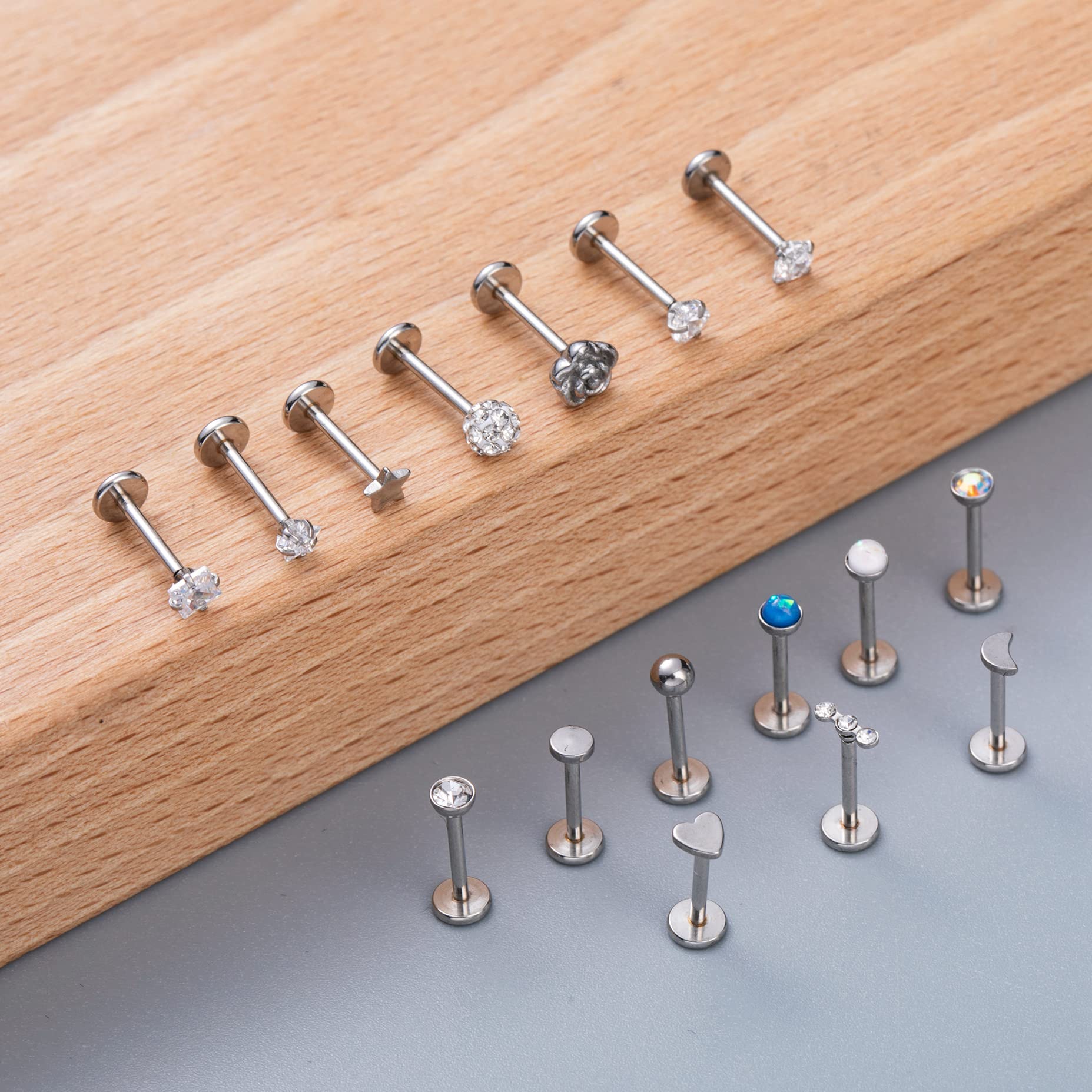 LOAYHOAY 16PCS 16-18G Stainless Steel Threadless Push in Nose Stud Ring for Women Men Lip Ring CZ Flower Heart Cartilage Helix Earring Piercing Set (18 Gauge 6mm)