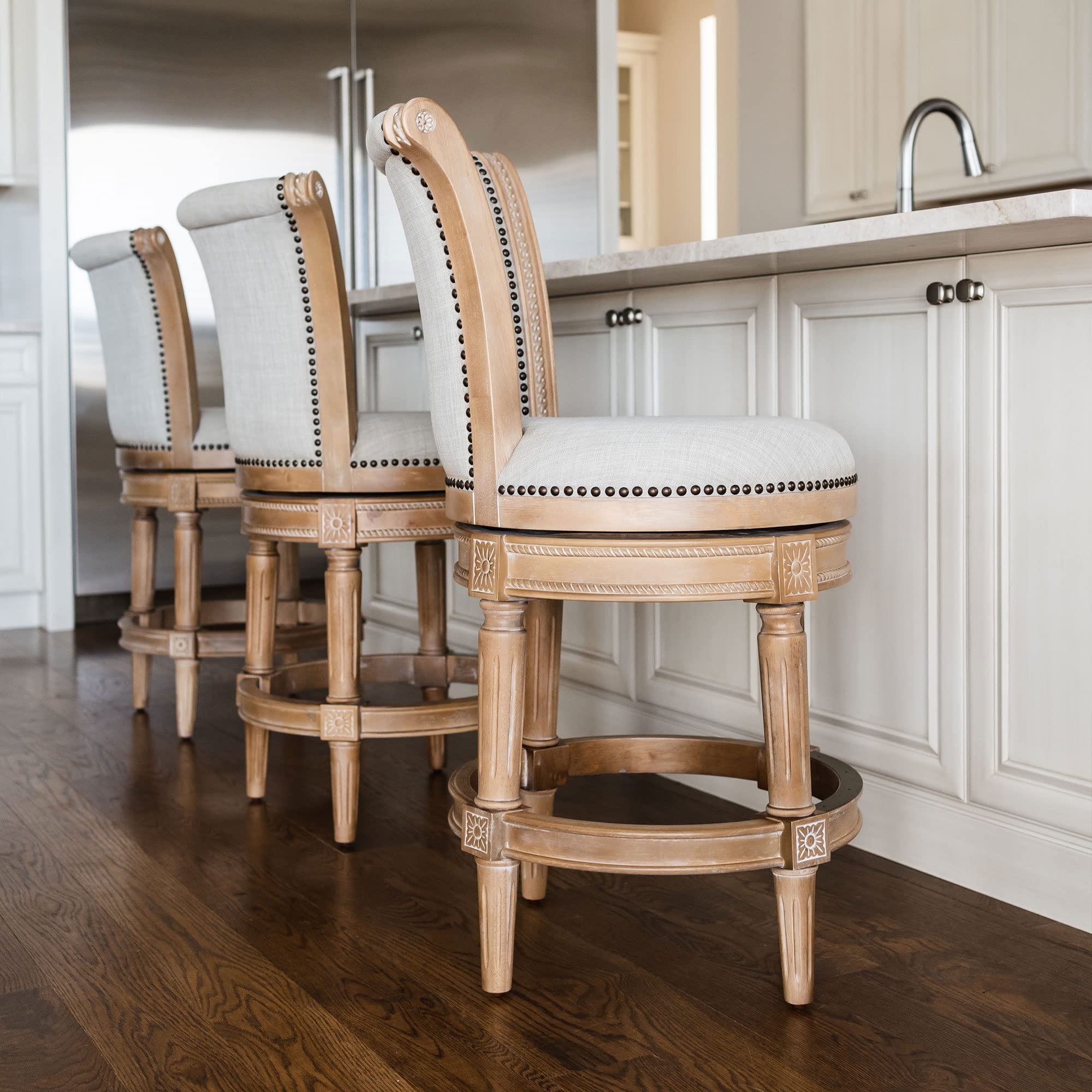 Maven Lane Pullman 26 Inch Tall Counter Height Upholstered Barstool with Back in Weathered Oak Finish with Sand Color Fabric Cushion Seat, Set of 4
