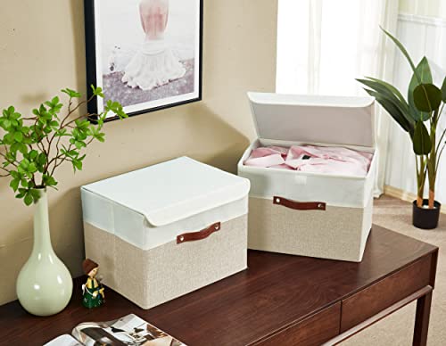 DECOMOMO Foldable Storage Bin with Lids [3-Pack] Collapsible Sturdy Cationic Fabric Storage Basket Box Container W/Handles for Organizing Shelf Nursery Linen (Beige and White, 15 x 11 x 11” – 3 Pack)