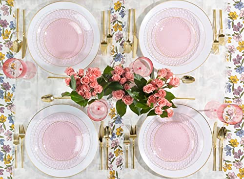 PARTY BARGAINS 7" & 10" Organic Collection Hammered Salad and Dinner Plates Combo with Gold Rim – Transparent Pink, 32-Pack Disposable Plastic Tableware for Birthdays, Banquets, and Formal Events