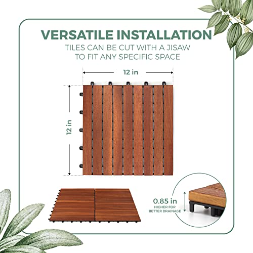 Wood Interlocking Flooring Tiles (Pack of 10, 12" x 12"), Solid Wood Acacia Deck Tiles Interlocking, Patio Tiles Outdoor Interlocking Waterproof All Weather (9 Slat, Dark Brown Color)