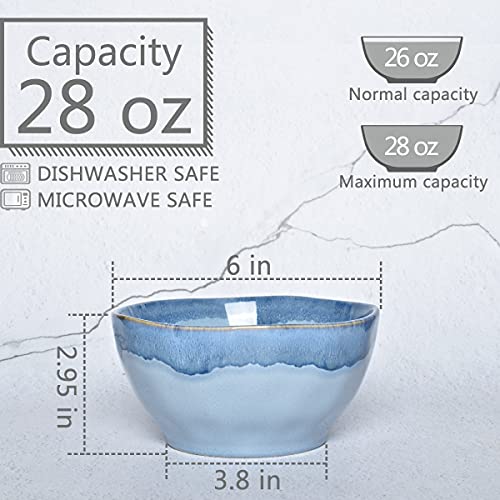 Bosmarlin Ceramic Soup Bowl Set of 4, 28 Oz, Cereal Bowl for Oatmeal, Dishwasher and Microwave Safe, Reactive Glaze (Blue, 6 inches)
