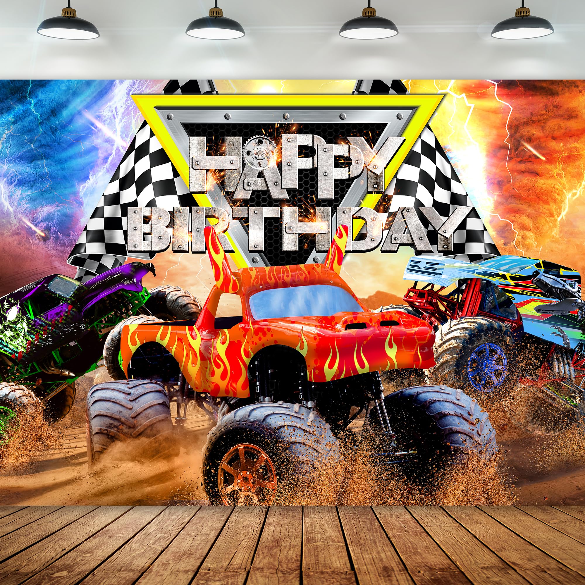 Newsely Truck Themed Birthday Party Supplies Backdrop 7Wx5H Monster Boys Kids Happy Birthday Background Photography Jam Burning Flame Car Grave Digger Party Decorations Banner Photo Booth Props