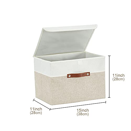 DECOMOMO Foldable Storage Bin with Lids [3-Pack] Collapsible Sturdy Cationic Fabric Storage Basket Box Container W/Handles for Organizing Shelf Nursery Linen (Beige and White, 15 x 11 x 11” – 3 Pack)
