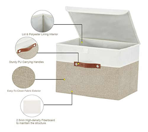 DECOMOMO Foldable Storage Bin with Lids [3-Pack] Collapsible Sturdy Cationic Fabric Storage Basket Box Container W/Handles for Organizing Shelf Nursery Linen (Beige and White, 15 x 11 x 11” – 3 Pack)