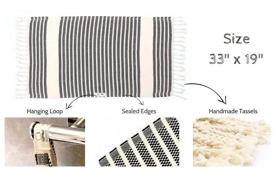 Bazaar Anatolia Turkish Hand Towels for Bathroom Set of 2 | 33"x19", Cotton | Bathroom & Decorative Hand Towels for Kitchen Dishcloth, Tea, Yoga, Face, Gym - Mat Black