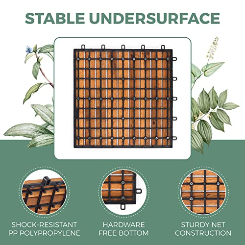 Wood Interlocking Flooring Tiles (Pack of 10, 12" x 12"), Solid Wood Acacia Deck Tiles Interlocking, Patio Tiles Outdoor Interlocking Waterproof All Weather (9 Slat, Dark Brown Color)