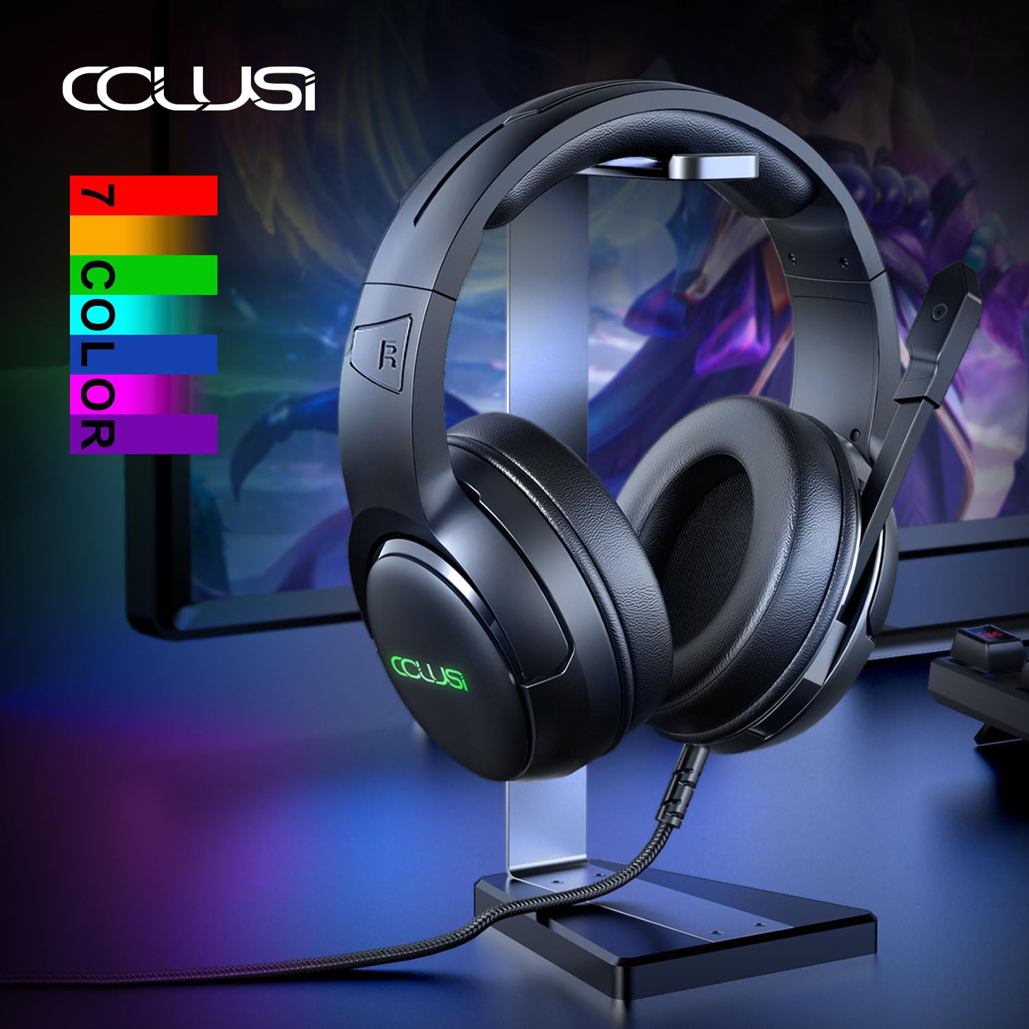 COLUSI C600 AUX Wired Gaming Headset with Hidden-Type Microphone, One Key Mute Over Ear Headphones with 3.5mm Audio Jack RGB Light