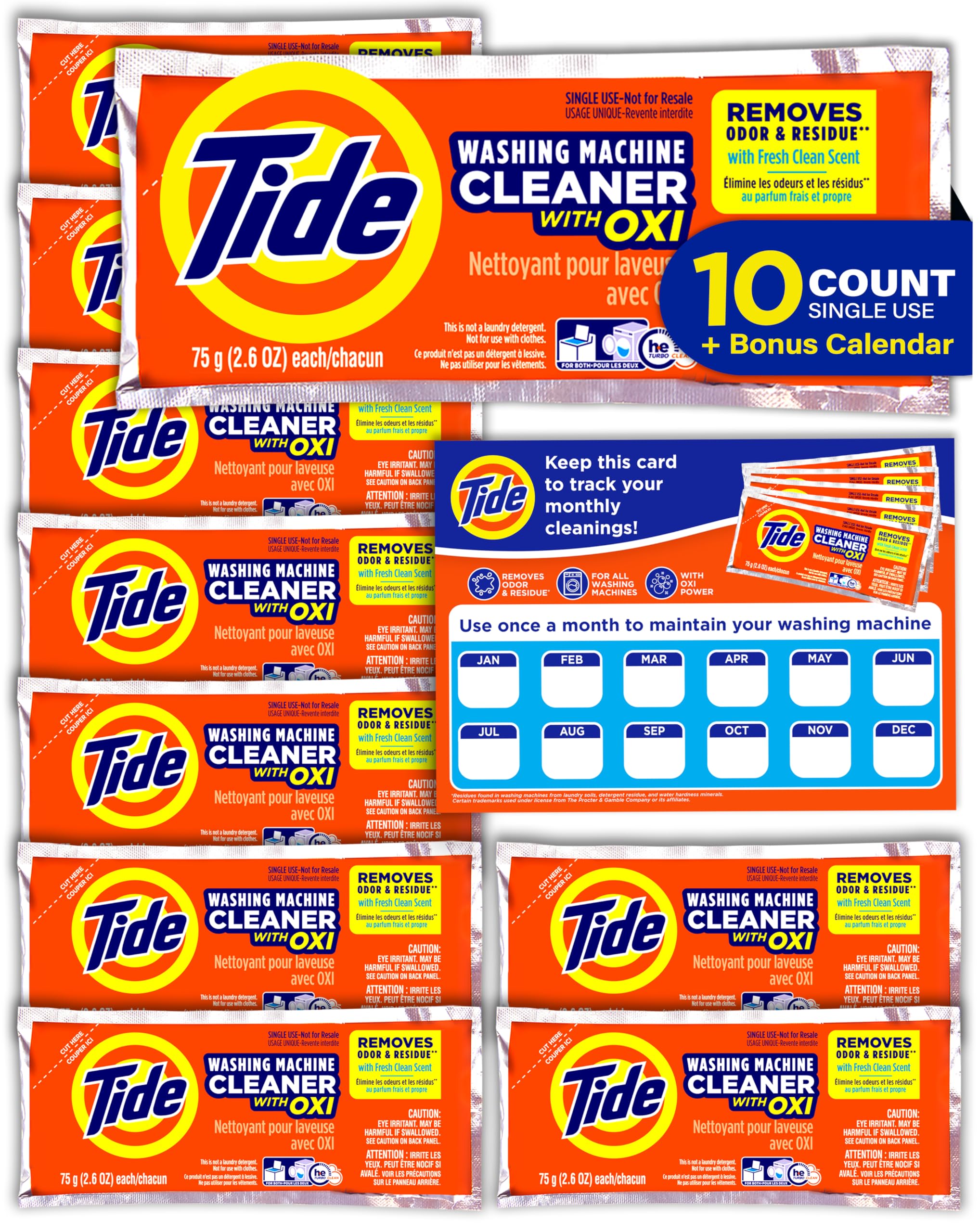 Tide Washing Machine Cleaner, Washer Machine Cleaner with Oxi for Front and Top Loader Washer Machines, Deep Cleaning Residue & Odor Eliminator, 10 Month Supply + Calendar