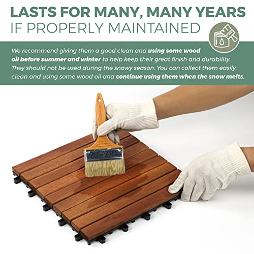Wood Interlocking Flooring Tiles (Pack of 10, 12" x 12"), Solid Wood Acacia Deck Tiles Interlocking, Patio Tiles Outdoor Interlocking Waterproof All Weather (9 Slat, Dark Brown Color)
