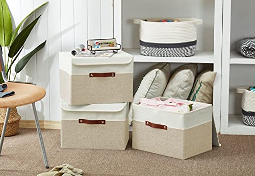 DECOMOMO Foldable Storage Bin with Lids [3-Pack] Collapsible Sturdy Cationic Fabric Storage Basket Box Container W/Handles for Organizing Shelf Nursery Linen (Beige and White, 15 x 11 x 11” – 3 Pack)