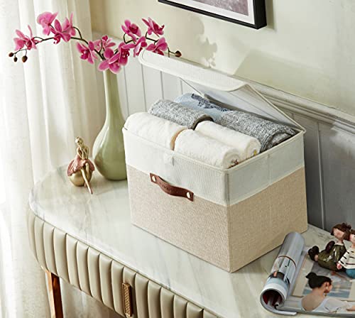 DECOMOMO Foldable Storage Bin with Lids [3-Pack] Collapsible Sturdy Cationic Fabric Storage Basket Box Container W/Handles for Organizing Shelf Nursery Linen (Beige and White, 15 x 11 x 11” – 3 Pack)