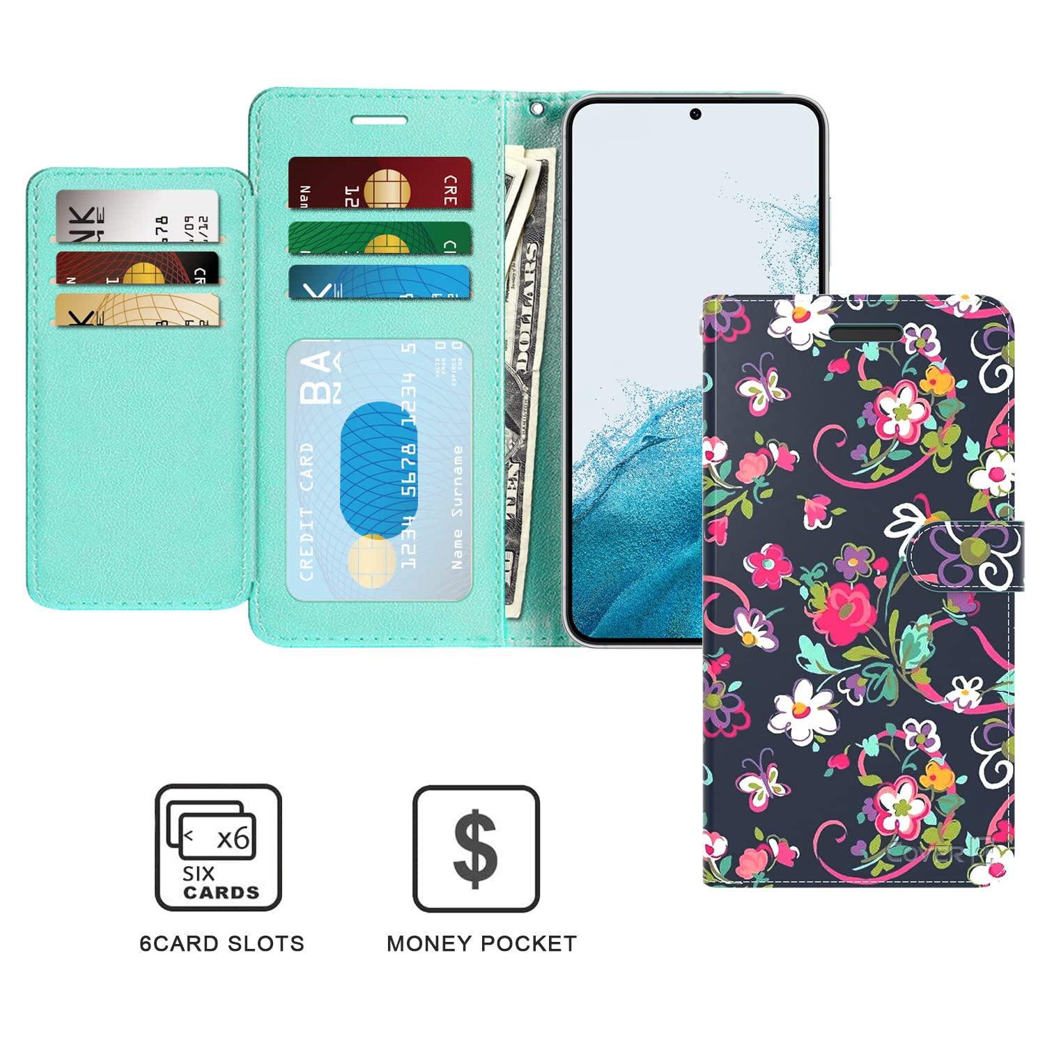 CoverON Pouch Compitable with Samsung Galaxy S23 Wallet Case for Women, RFID Blocking Flip Folio Stand Vegan Leather Floral Cover Sleeve Card Slot for Samsung Galaxy S23 Phone Case - Flower