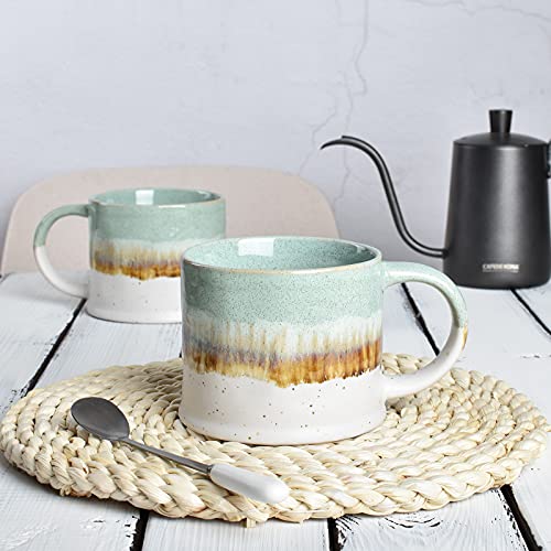 Bosmarlin Medium Ceramic Coffee Mug Set of 2, 15 oz, Big Stoneware Tea Cup for Office and Home, Dishwasher and Microwave Safe (Green, 2)