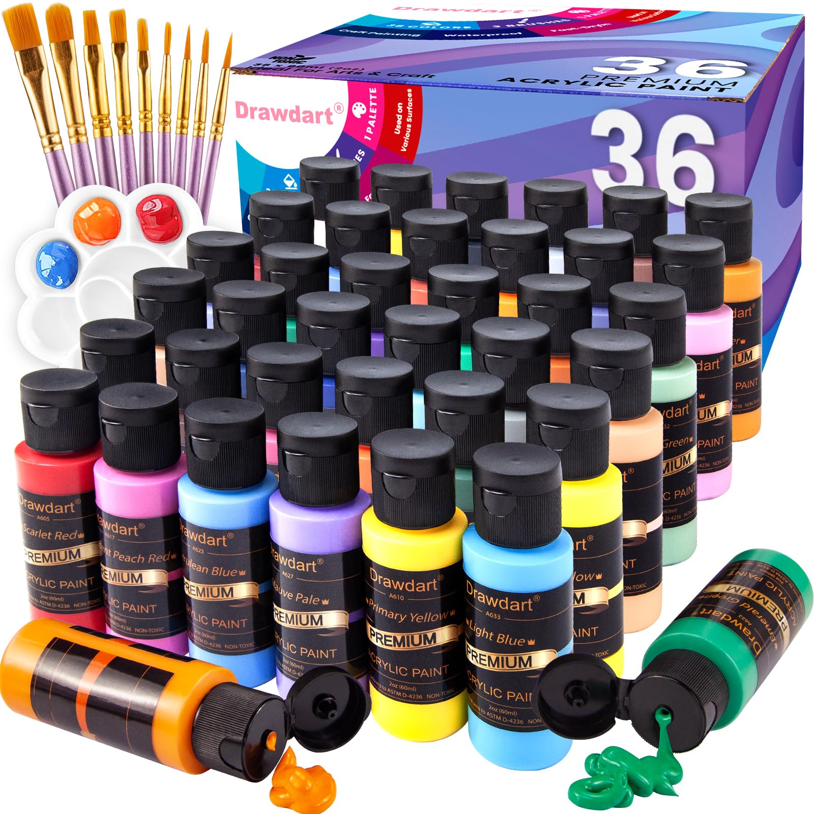Drawdart 47 Pack Acrylic Paint Set, 36 Colors Art Painting Supplies for Canvas Wood Fabric Ceramic Crafts, Non Toxic & Rich Pigments for Artists & Hobby Painters, 2 fl oz / 60 ml Bottles
