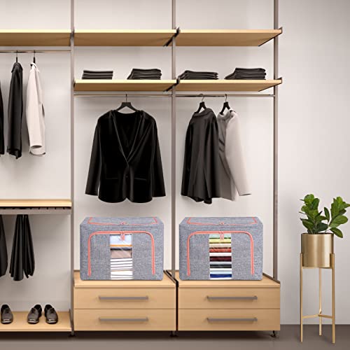 Tasmegol 2 Pack 66L Foldable Clothes Storage Bins Box Stackable Metal Frame Closet Organizer with Clear Windows Carry Handles Linen Fabric Containers Bags for Beddings/Quilt