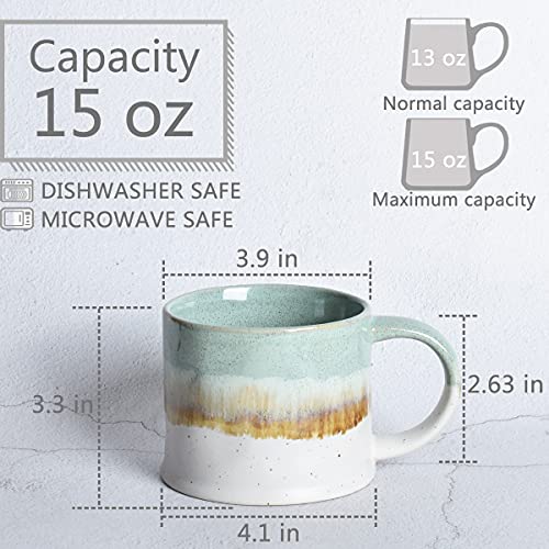 Bosmarlin Medium Ceramic Coffee Mug Set of 2, 15 oz, Big Stoneware Tea Cup for Office and Home, Dishwasher and Microwave Safe (Green, 2)