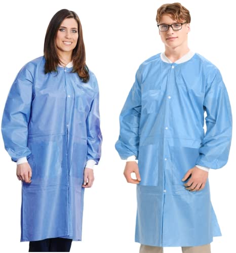 MEDICAL NATION Pack of 10 Disposable Lab Coats - Blue - Durable SMS Knee Length Lab Coat Unisex, Comfortable and Easy to Wear Labcoat, For Hospitals, Pharmacies, Laboratories, Dental Clinics - MEDIUM