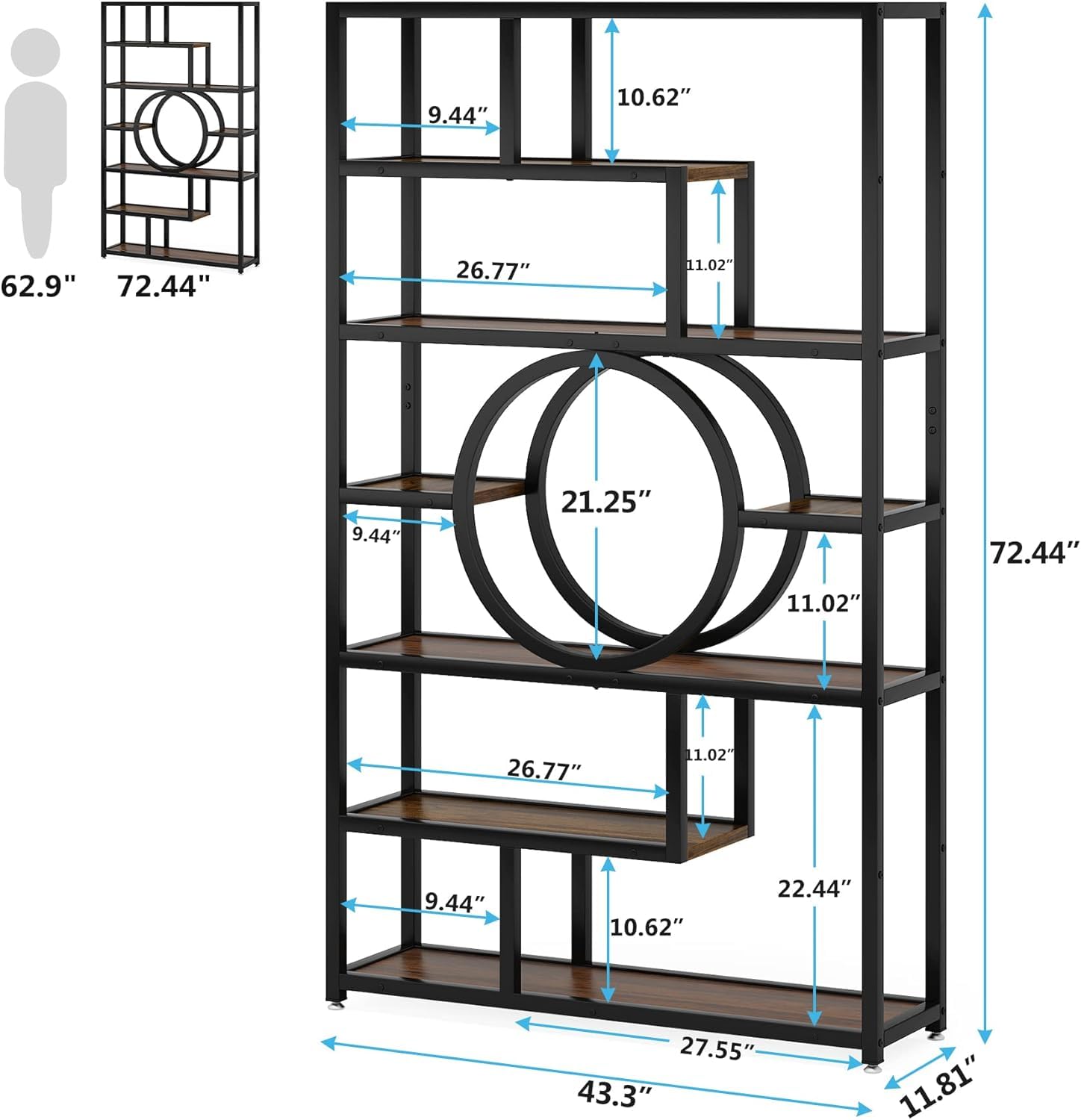 Tribesigns 2PCS 72 Inch Bookshelf Geometric Bookcase, 8-Tier Industrial Book Shelf with 11 Open Shelving Units, Etagere Bookshelves Display Stand Storage Shelves for Office, Living Room