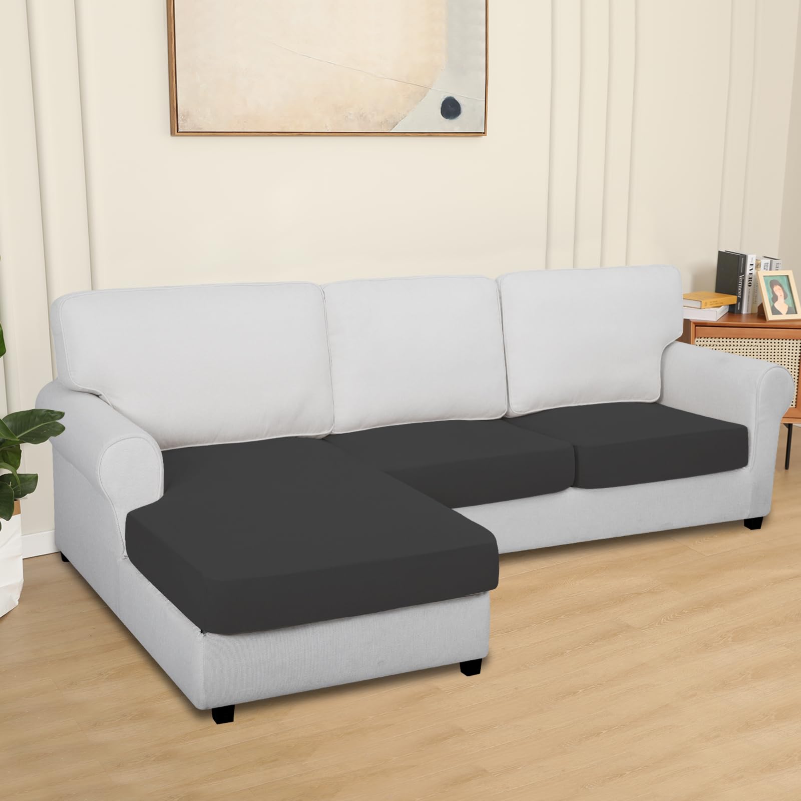 Easy-Going 100% Waterproof 3 Pieces Couch Cushion Covers for Sectional Sofa Left/Right L Shape Chaise Lounge Sofa Seat slipcover Anti-Slip Sofa Cover (2 Seater + 1 Chaise, Dark Gray