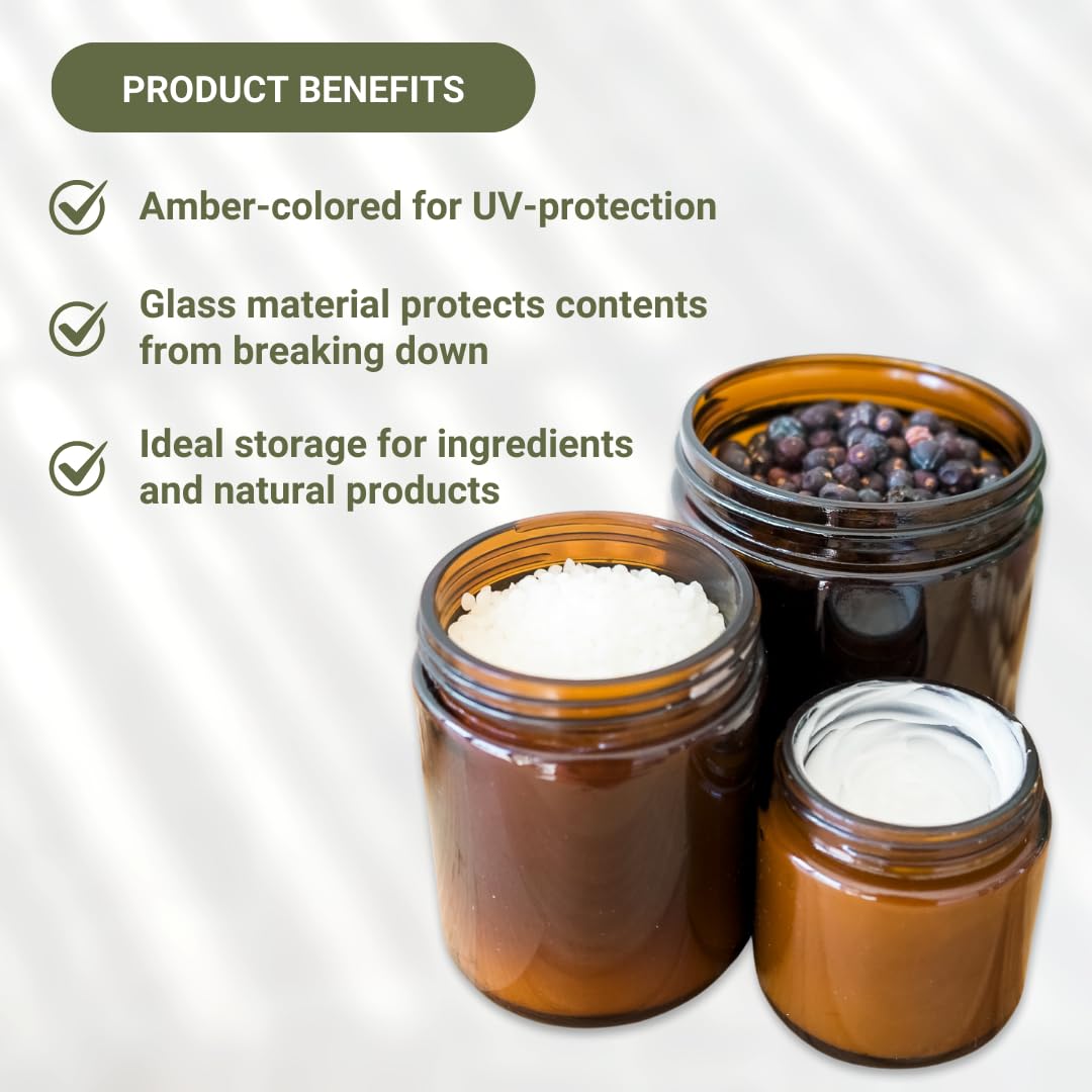 Nature Packaged Glass Amber 1oz Jar - 12 Packs, Empty Round Jars For Beauty Products, Lotion, and Powders - Black Lid - Small Candle Jars