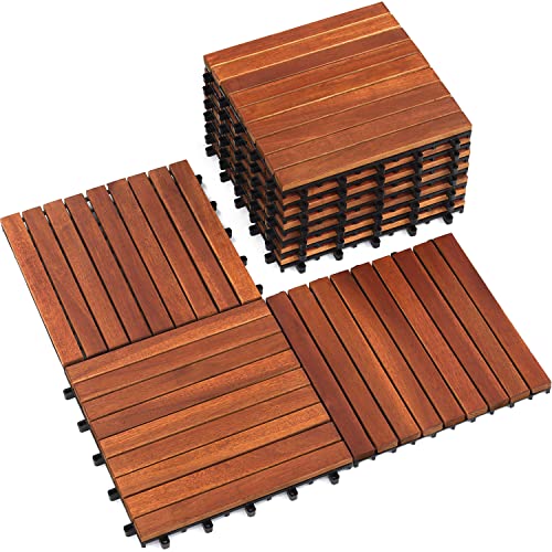 Wood Interlocking Flooring Tiles (Pack of 10, 12" x 12"), Solid Wood Acacia Deck Tiles Interlocking, Patio Tiles Outdoor Interlocking Waterproof All Weather (9 Slat, Dark Brown Color)