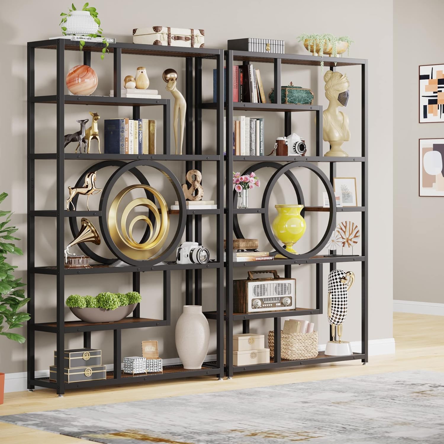 Tribesigns 2PCS 72 Inch Bookshelf Geometric Bookcase, 8-Tier Industrial Book Shelf with 11 Open Shelving Units, Etagere Bookshelves Display Stand Storage Shelves for Office, Living Room