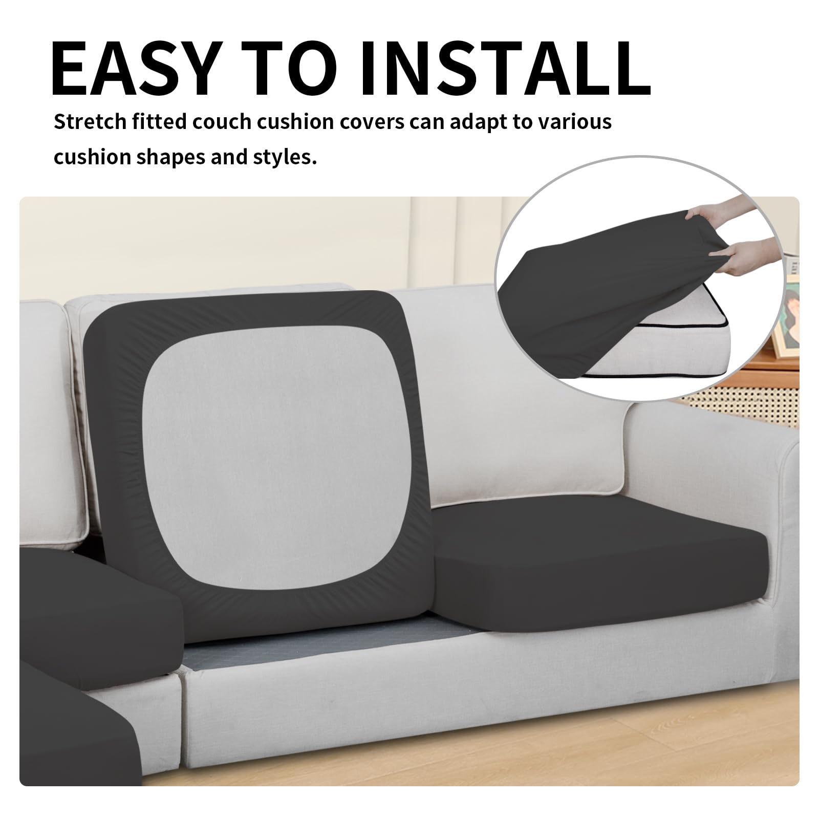 Easy-Going 100% Waterproof 3 Pieces Couch Cushion Covers for Sectional Sofa Left/Right L Shape Chaise Lounge Sofa Seat slipcover Anti-Slip Sofa Cover (2 Seater + 1 Chaise, Dark Gray