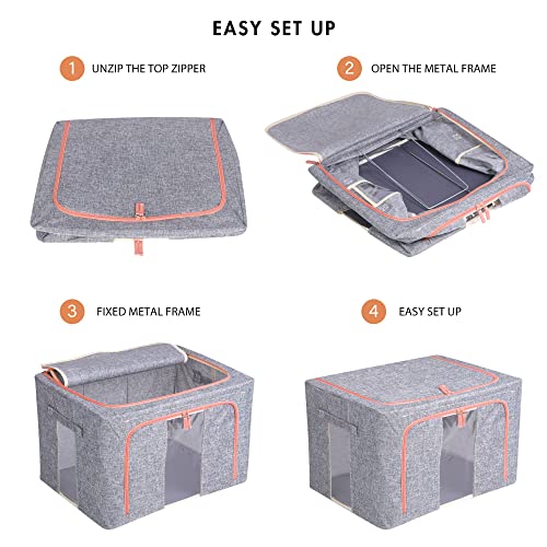 Tasmegol 2 Pack 66L Foldable Clothes Storage Bins Box Stackable Metal Frame Closet Organizer with Clear Windows Carry Handles Linen Fabric Containers Bags for Beddings/Quilt