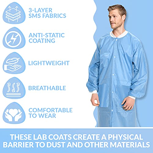 MEDICAL NATION Pack of 10 Disposable Lab Coats - Blue - Durable SMS Knee Length Lab Coat Unisex, Comfortable and Easy to Wear Labcoat, For Hospitals, Pharmacies, Laboratories, Dental Clinics - MEDIUM